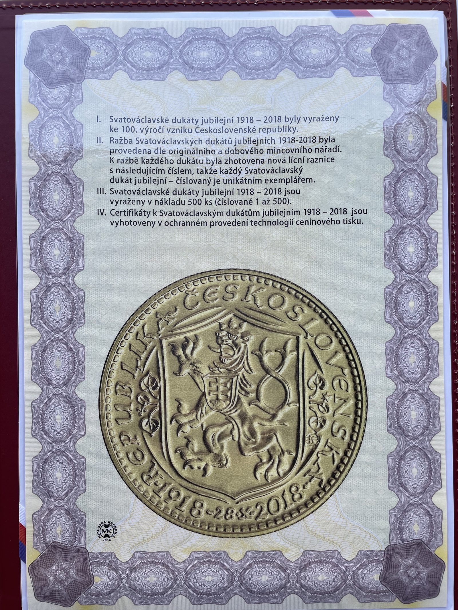 Jubilejní Československý dukát sv. Václava 1918 - 2018 (číslovaný ...